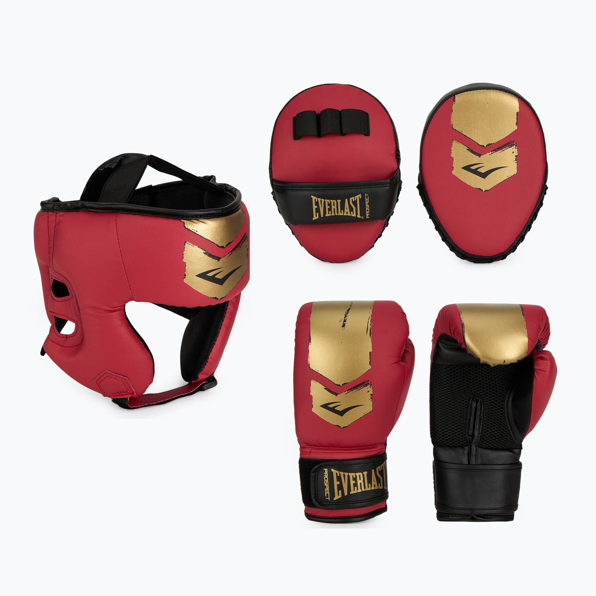 Everlast Prospect 2 boxing set helmet + shields + gloves red/gold ...